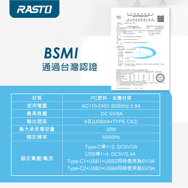 RASTO RB15 30W高效能Type-C+USB六孔快速充電器 - PChome 24h購物